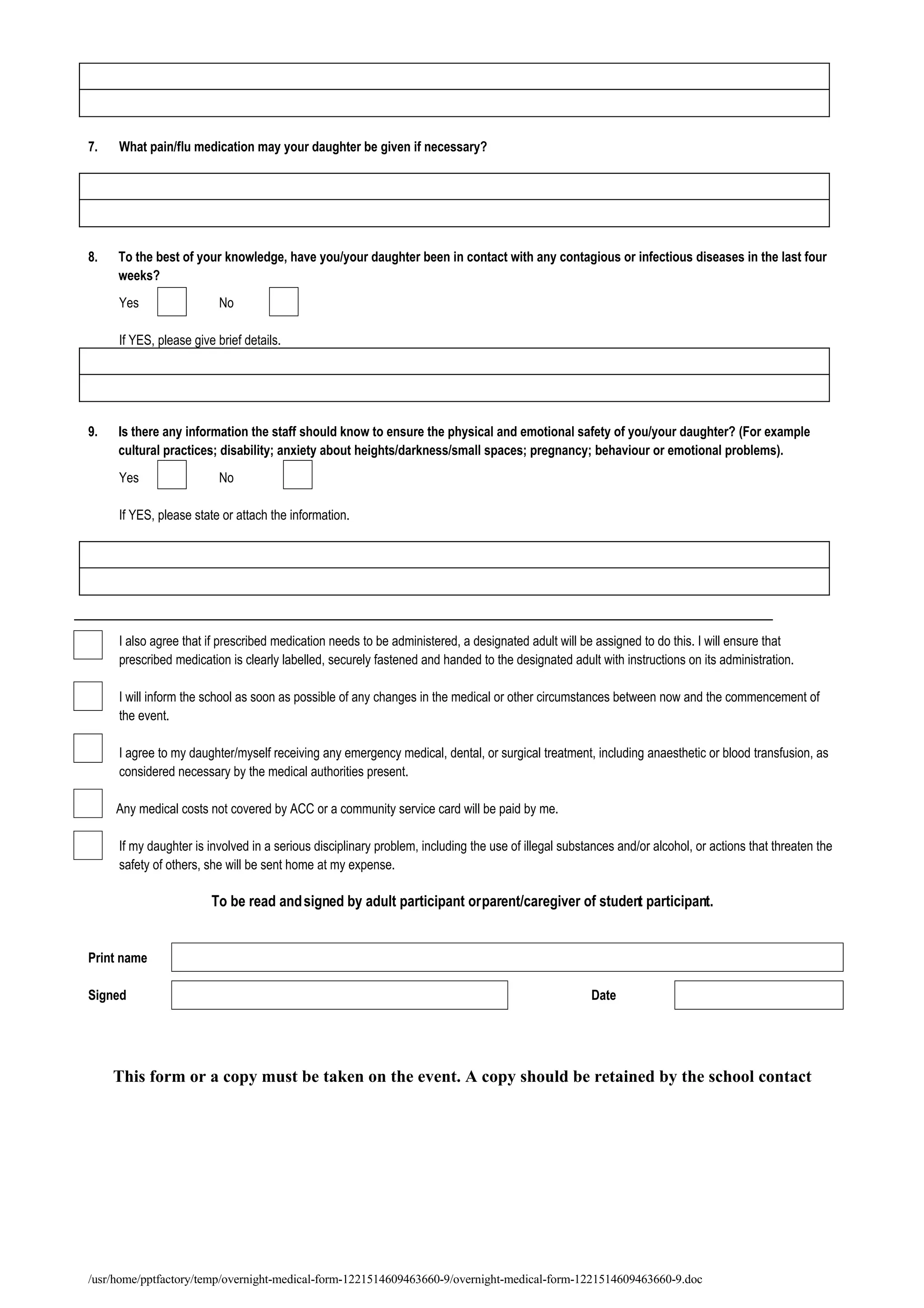 Overnight Medical Form | DOC