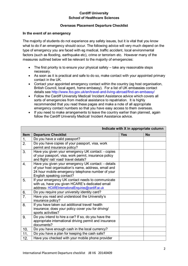 Overseas Placement Departure Checklist | PDF