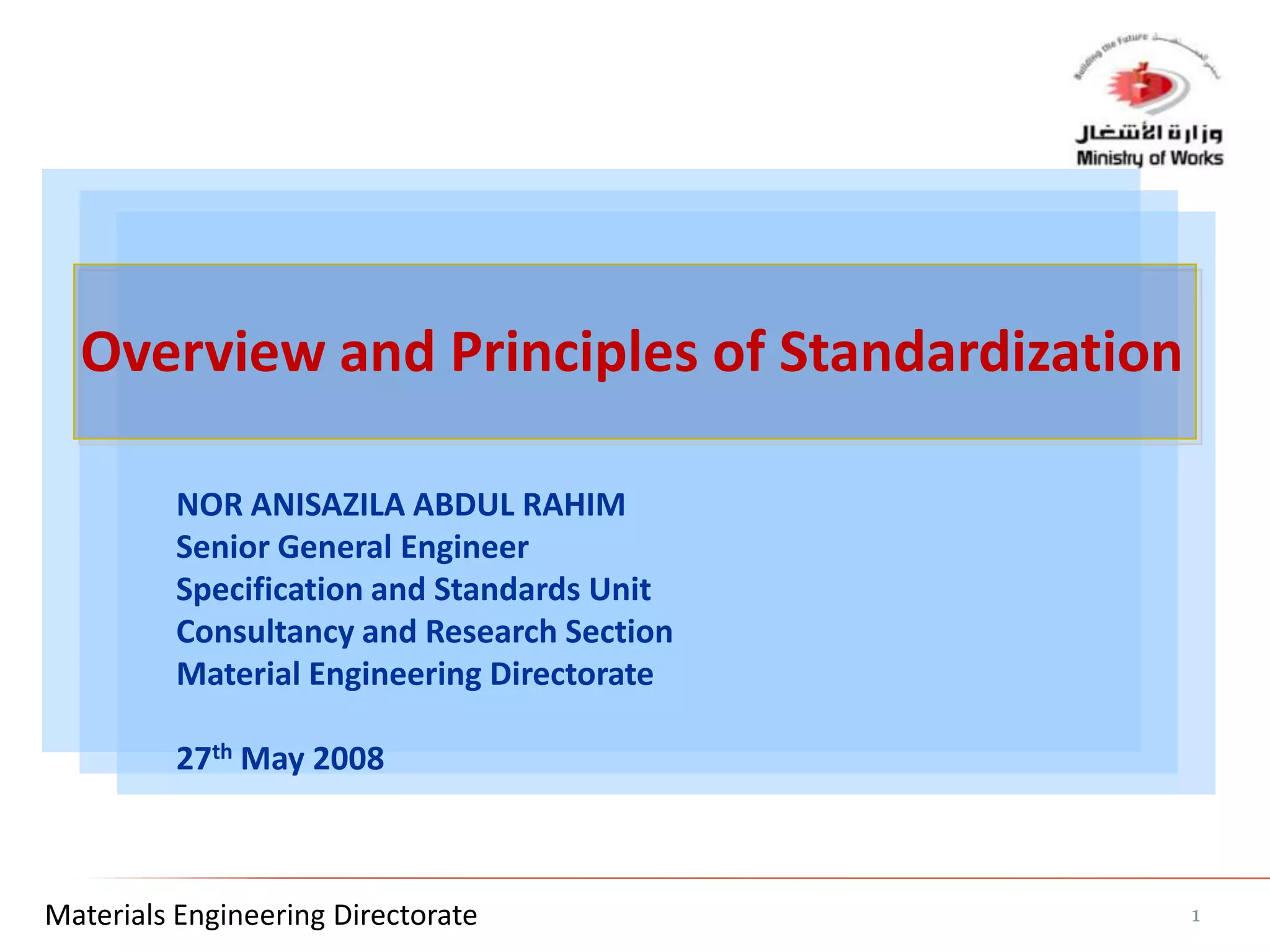 Overview And Principles Of Standardization 27 May 2008 | PPTX