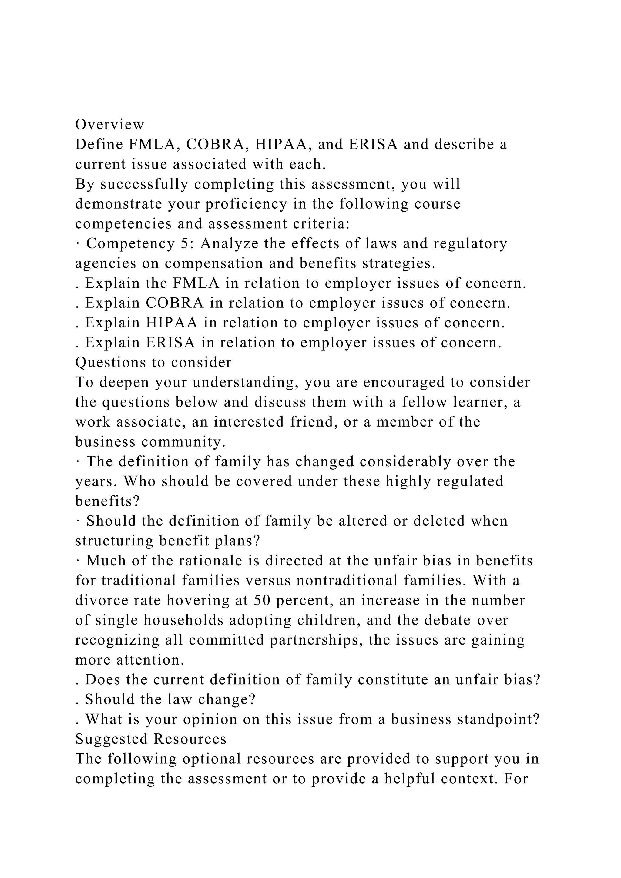 OverviewDefine FMLA, COBRA, HIPAA, and ERISA and describe a curr.docx