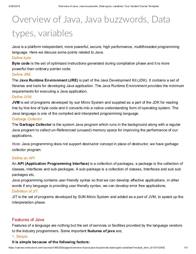 Overview Of Java Java Buzzwords Data Types Variables