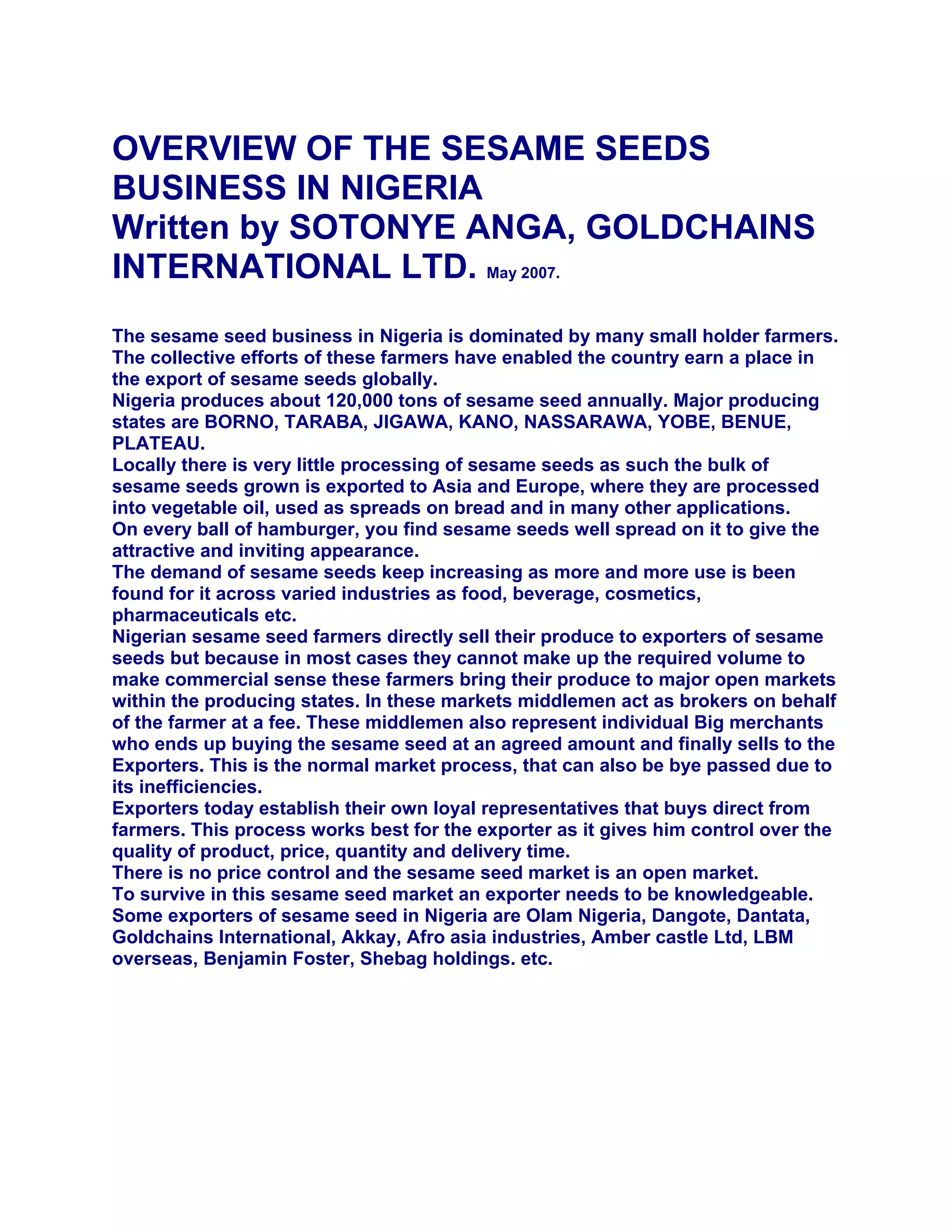 Overview of sesame business in nigeria | PDF