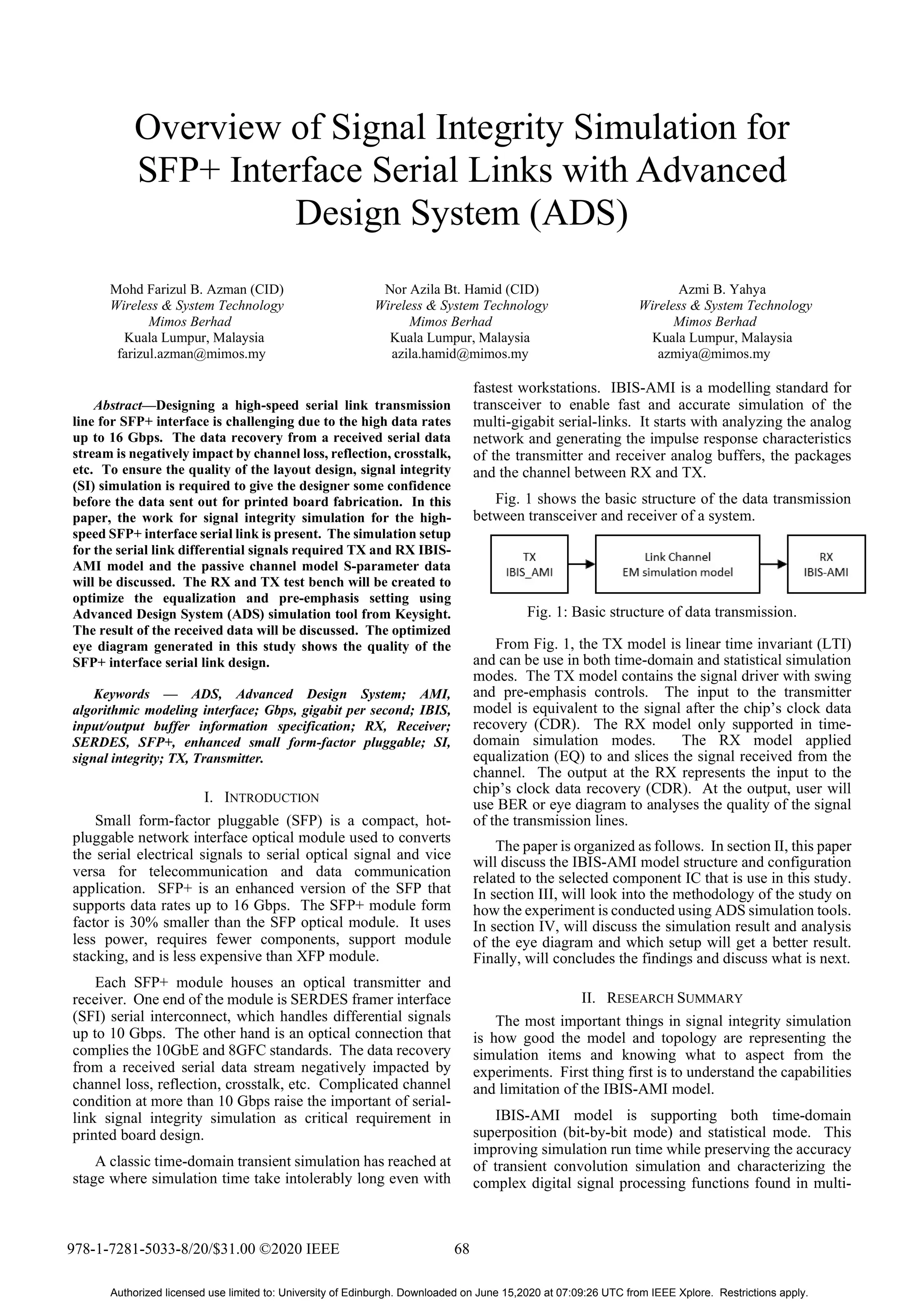 Overview Of Signal Integrity Simulation For Sfp Interface Serial Links With Advanced Design
