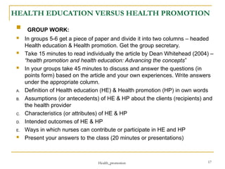 OVERVIEW HEALTH PROMOTION AND EDUCATION ppt | PPT