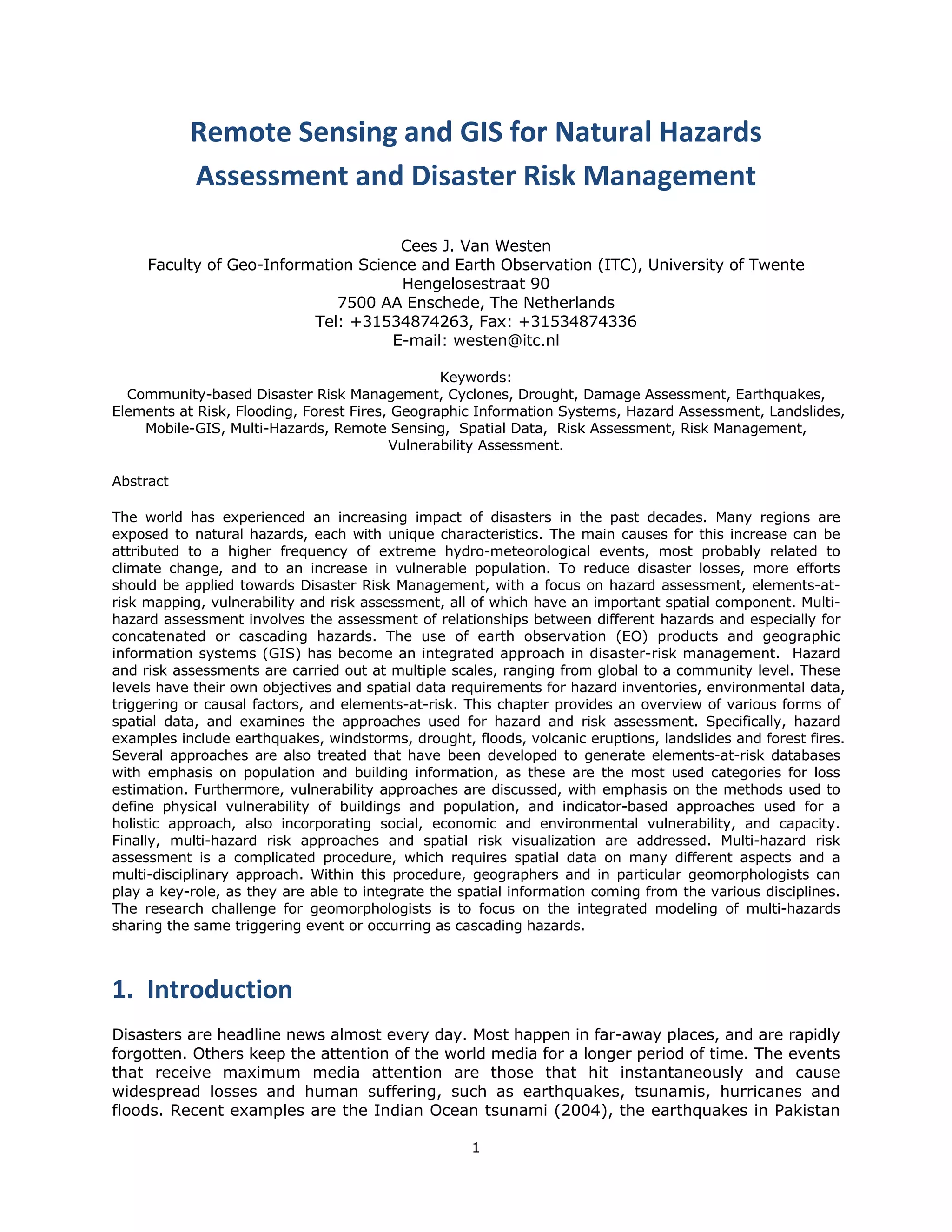 Remote Sensing and GIS for Natural Hazards Assessment and Disaster Risk ...