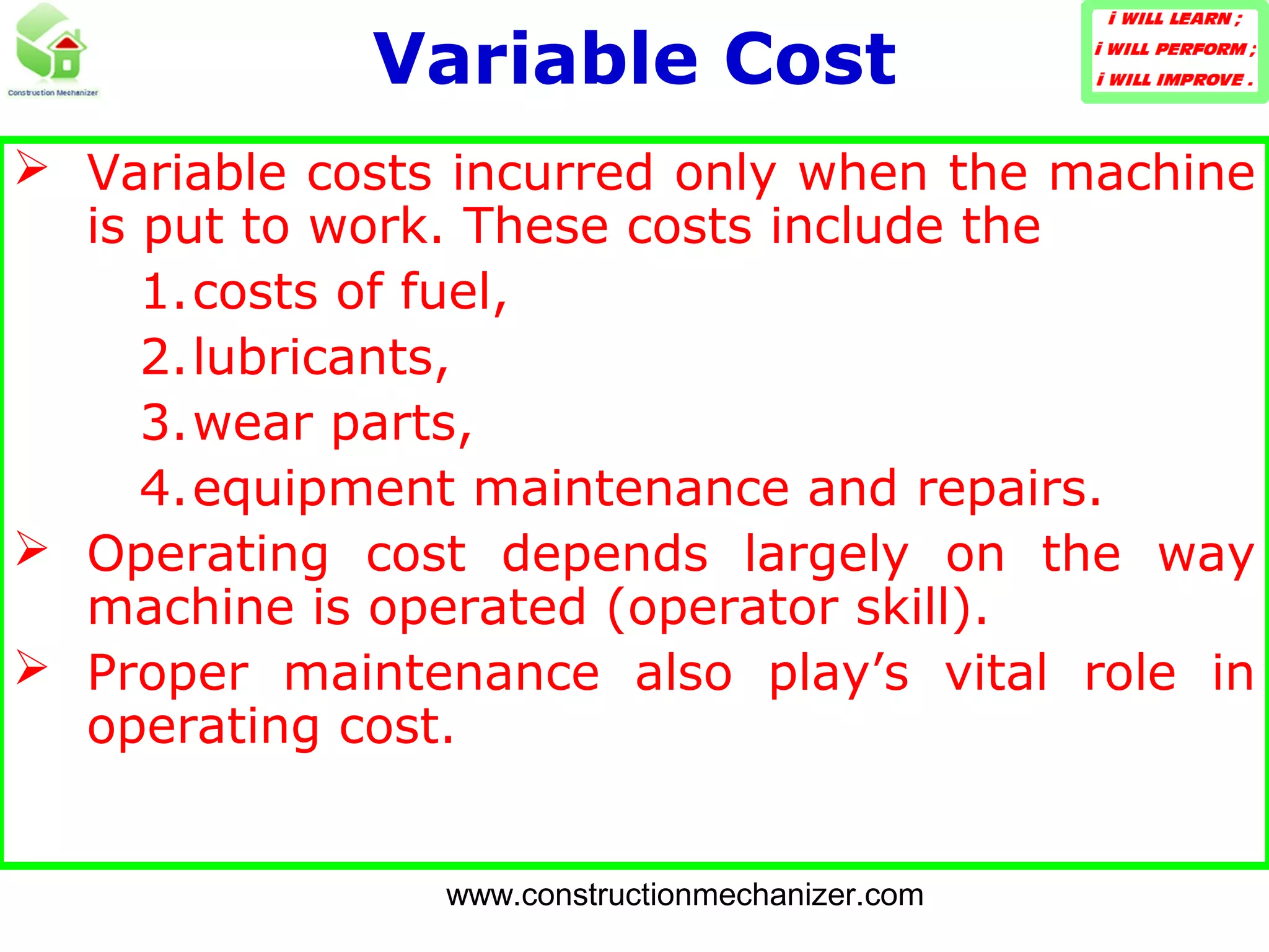 OWNERSHIP COST OF CONSTRUCTION PLANT & EQUIPMENT | PPT