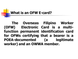OWWA OFW e-Card | PPT | Credit Cards | Personal Debt