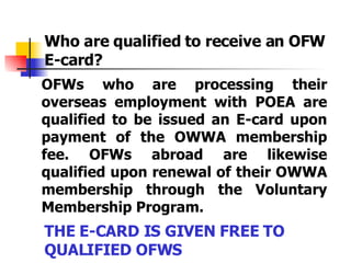 OWWA OFW e-Card | PPT | Credit Cards | Personal Debt