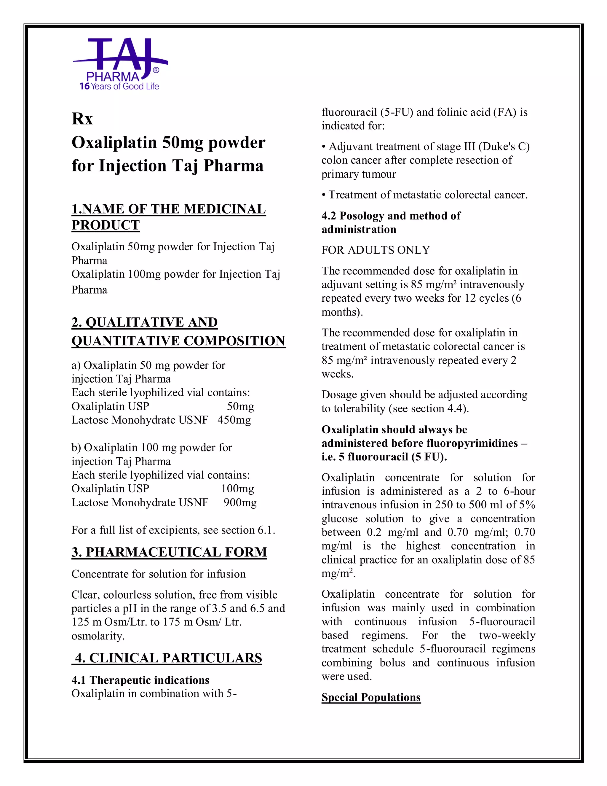 Oxaliplatin for Injection Taj Pharma SmPC | PDF
