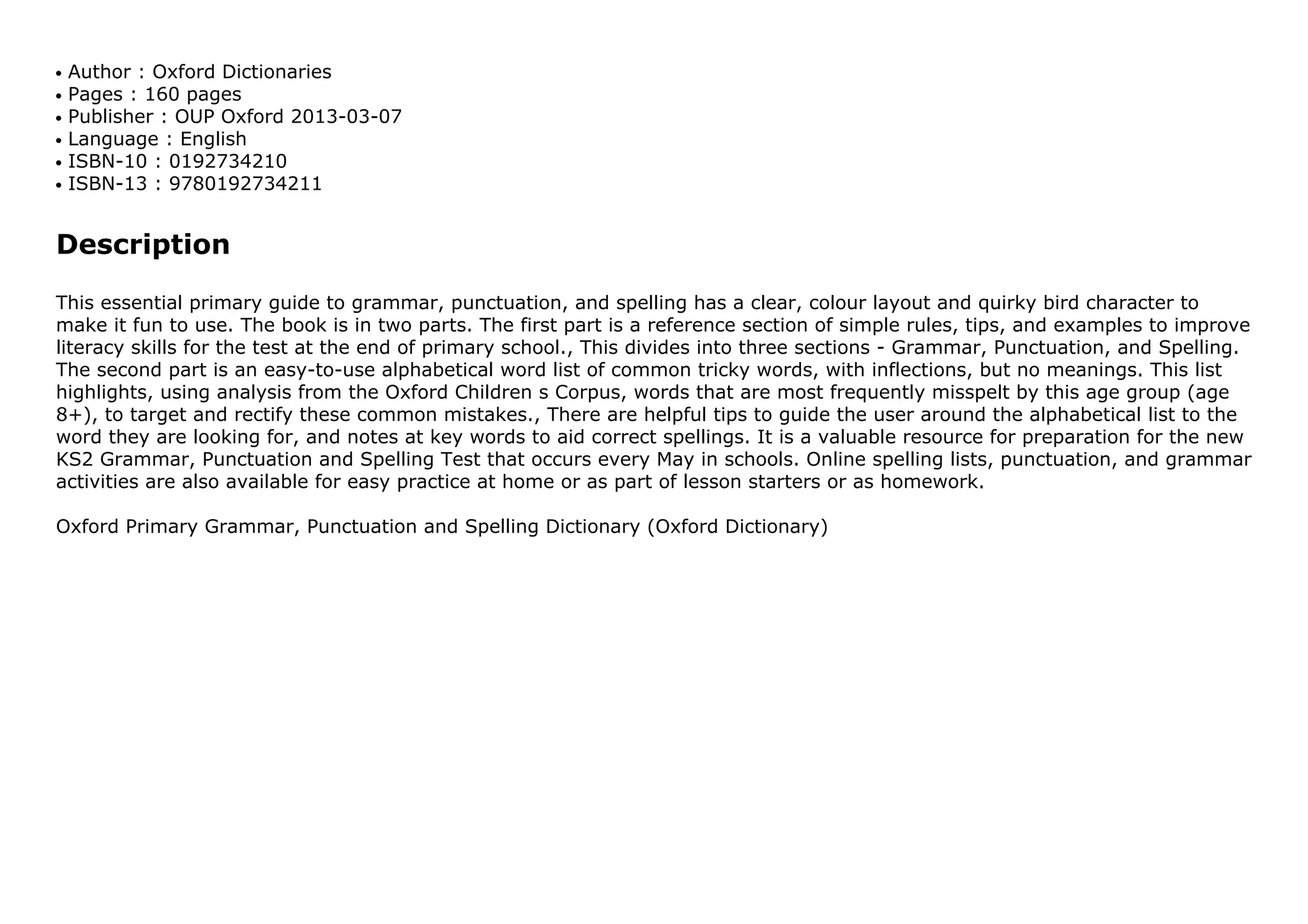 Oxford Primary Grammar, Punctuation and Spelling Dictionary (Oxford ...