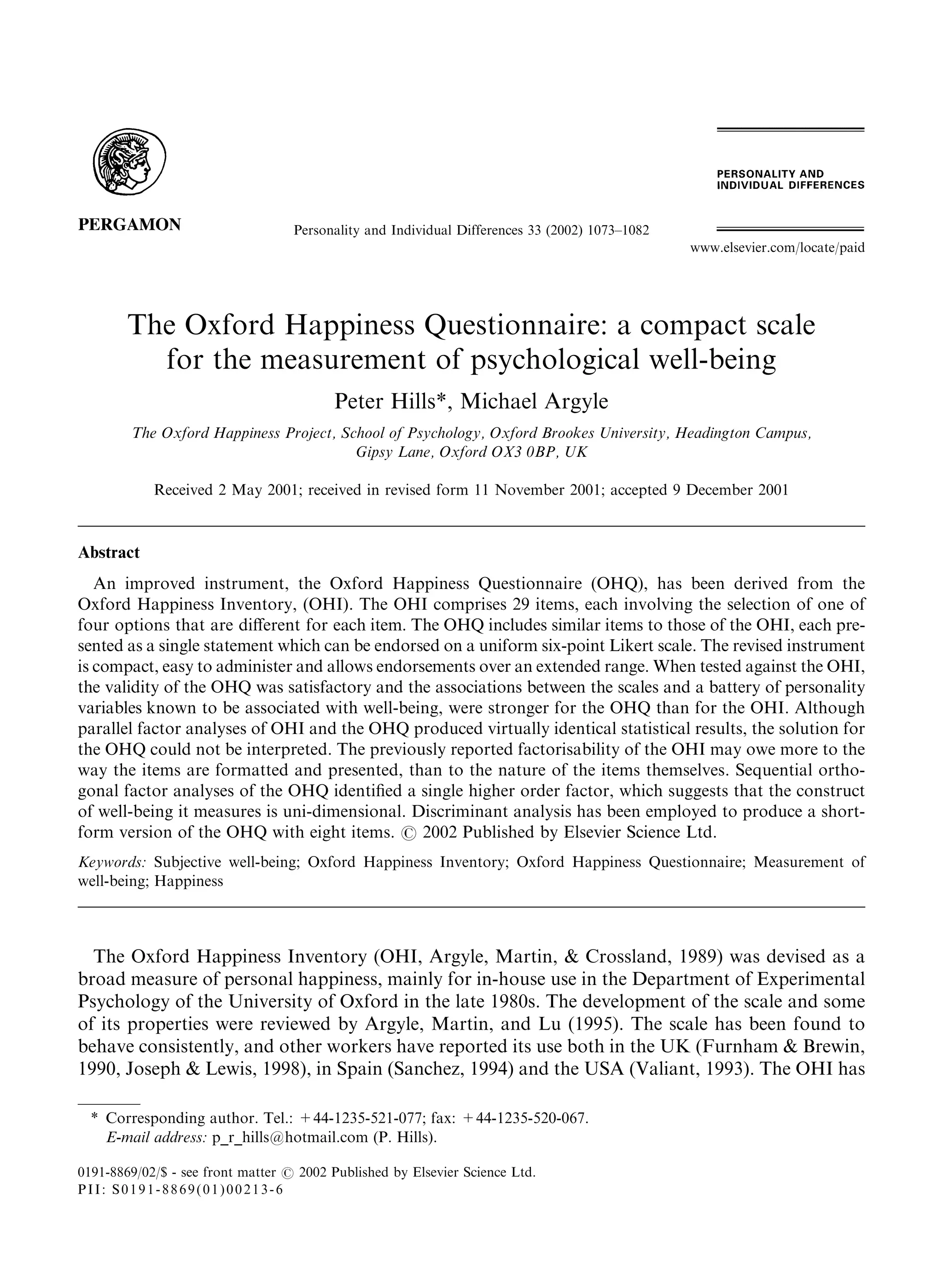 Oxford hapinees questionaire | PDF