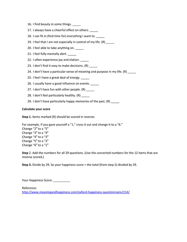 Oxford happinessquestionnaire | PDF | Medical Health