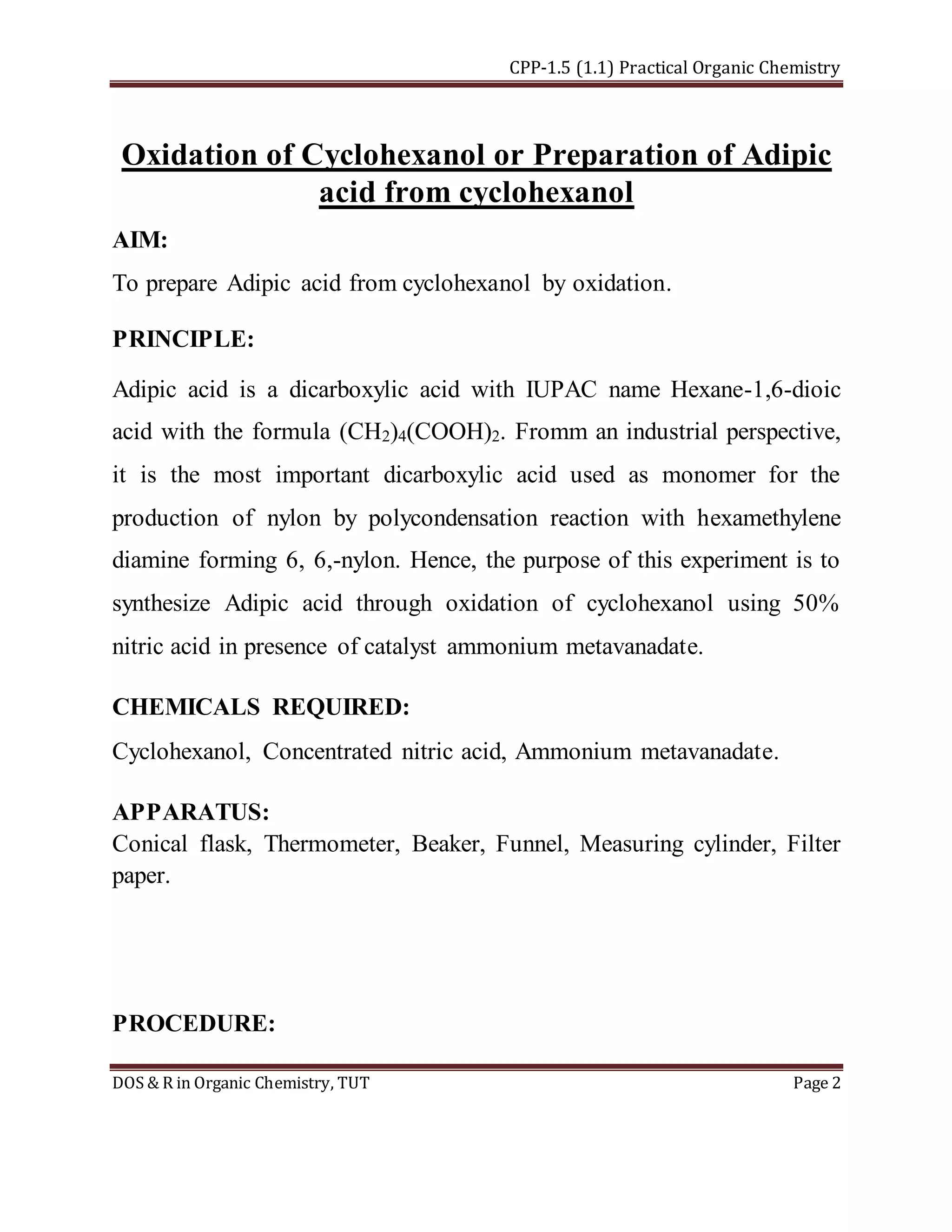 Oxidation of cyclohexanol or preparation of adipic acid | DOC