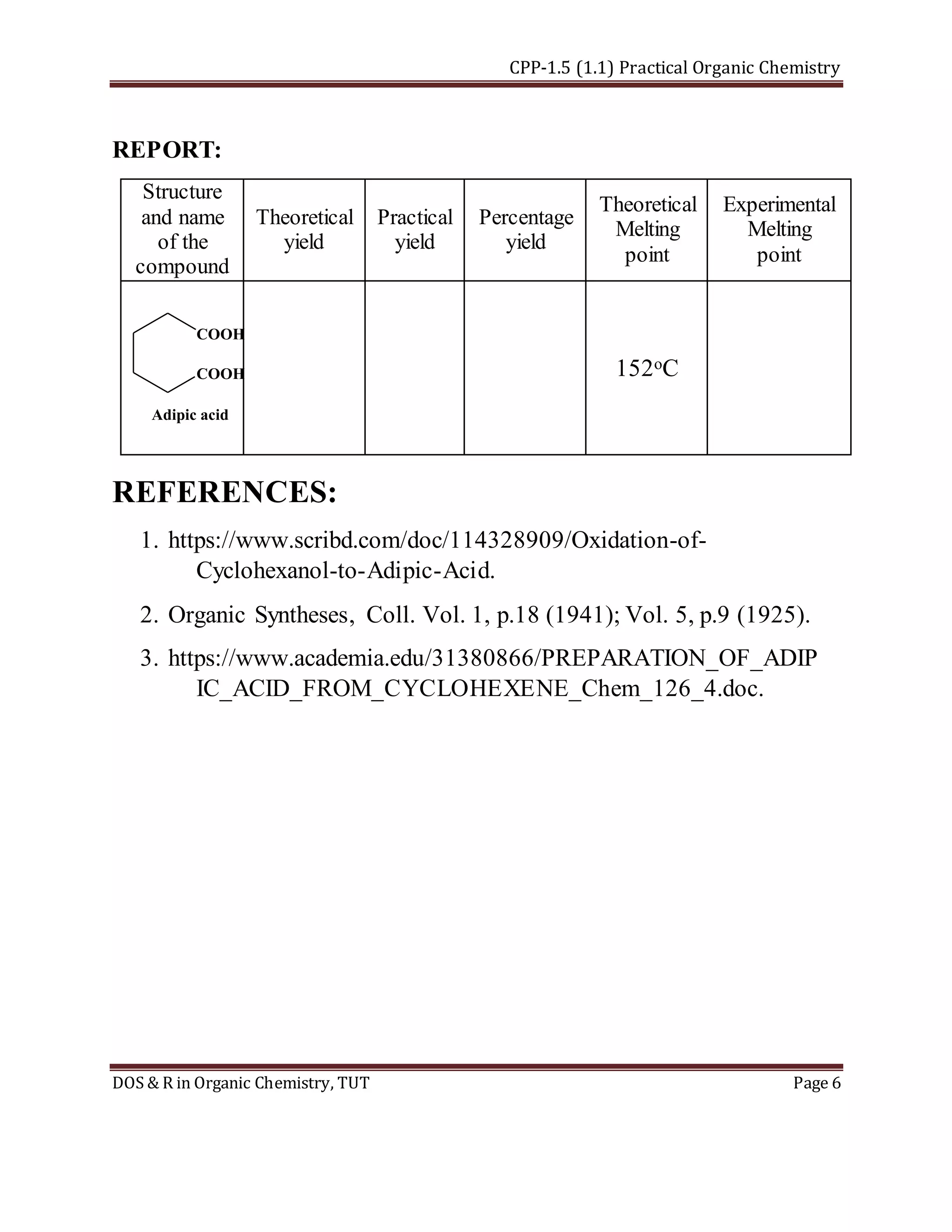 Oxidation of cyclohexanol or preparation of adipic acid | DOC