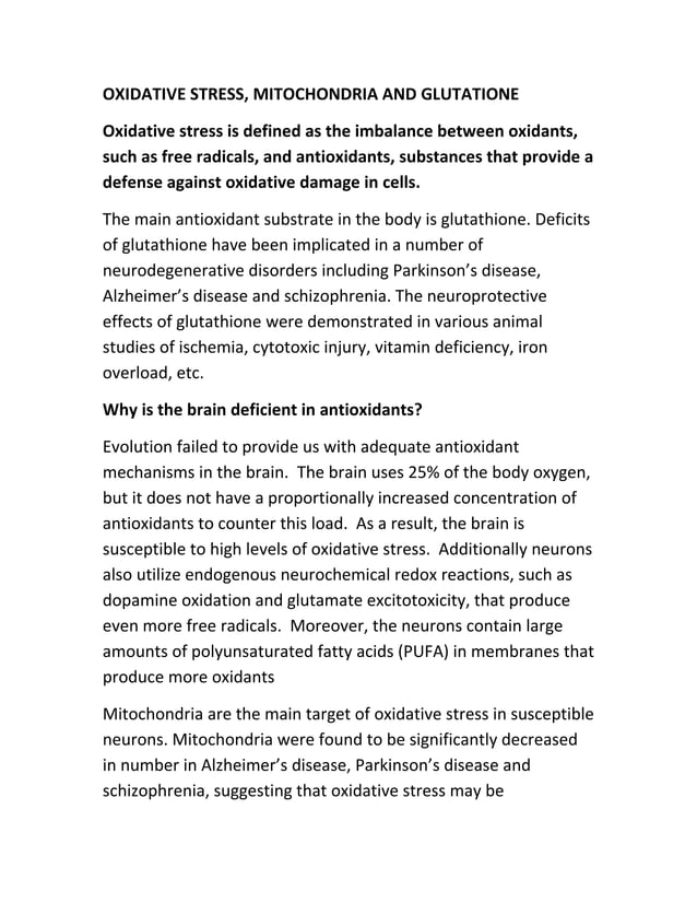 Oxidative stress mitochondria and glutathione | DOC | Chemistry | Science