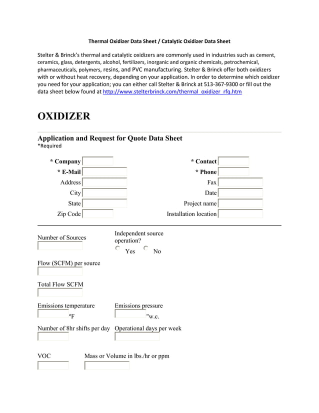 Thermal Oxidizer Data Sheet Catalytic Oxidizer Data Sheet Pdf 8976