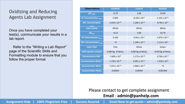 Oxidizing and Reducing Agents Lab Assignment - Virtual High School (VHS ...