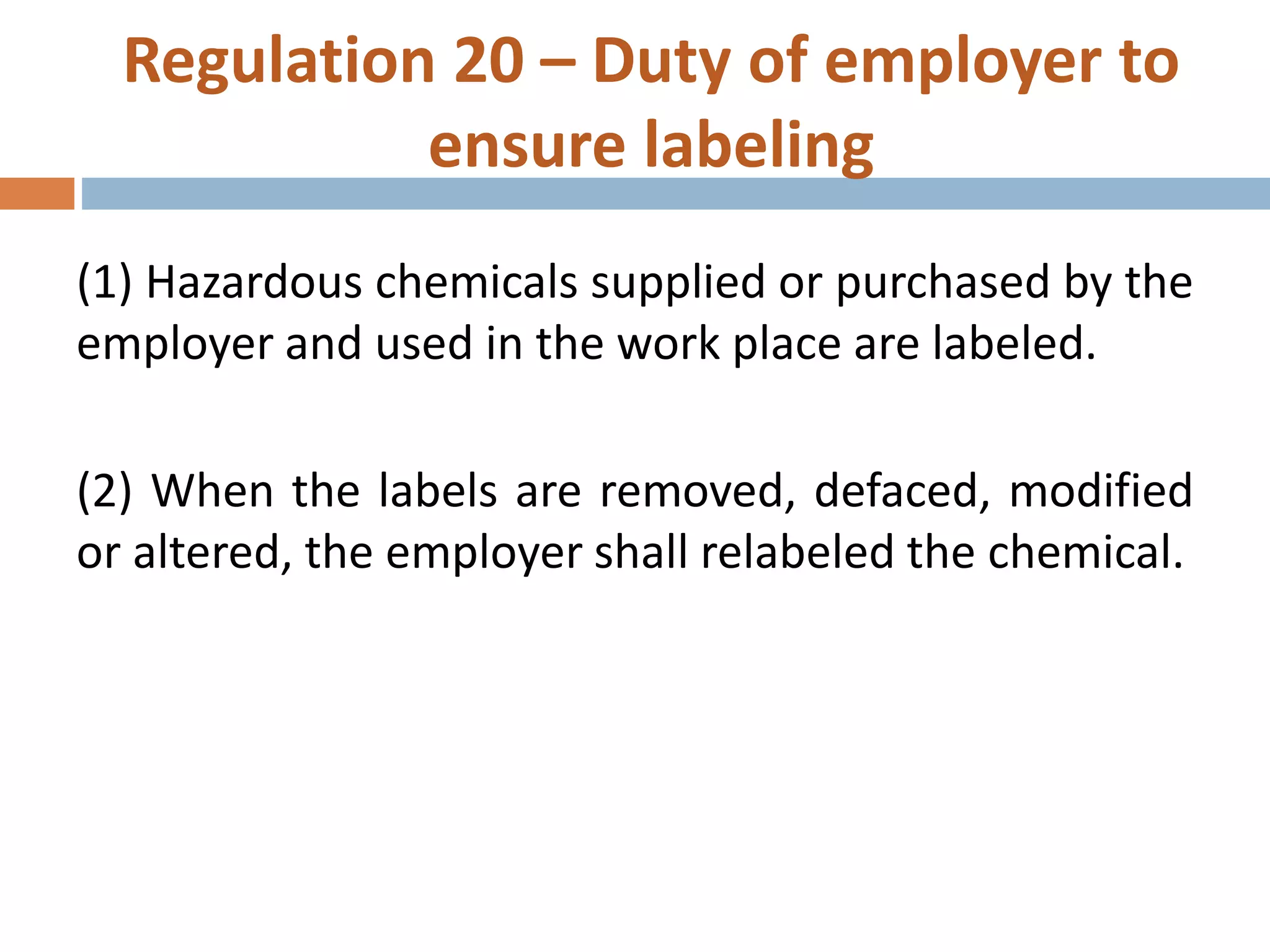 Occupational safety and health (use and standards of exposure of ...
