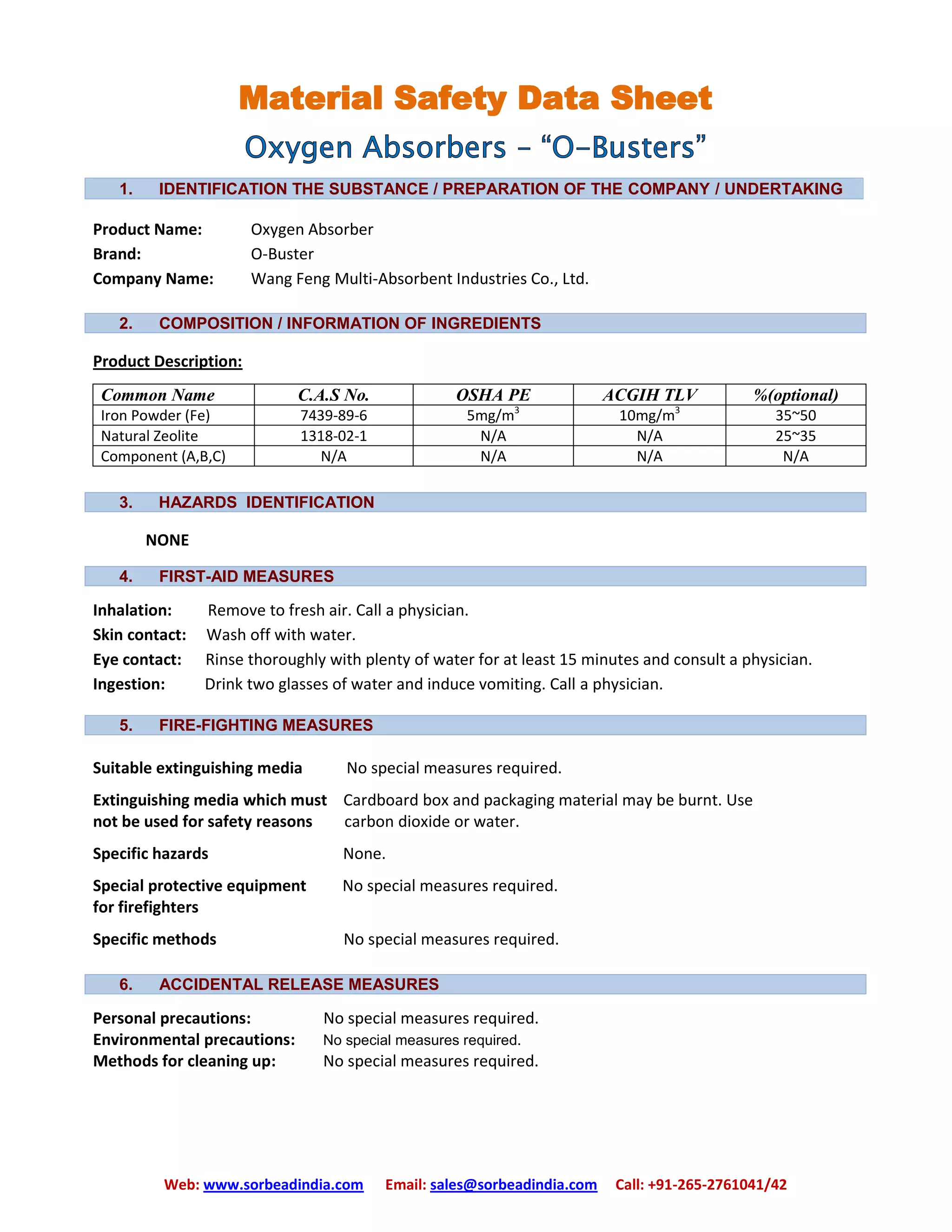 Oxygen Absorbers MSDS | PDF