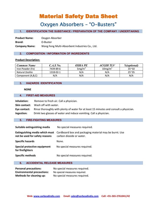 Oxygen Absorbers MSDS | PDF | Chemistry | Science