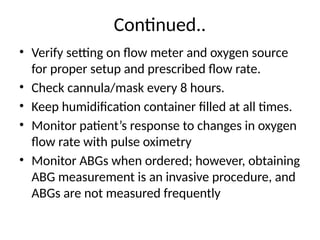 Oxygen administration procedure, indication, complications | PPTX
