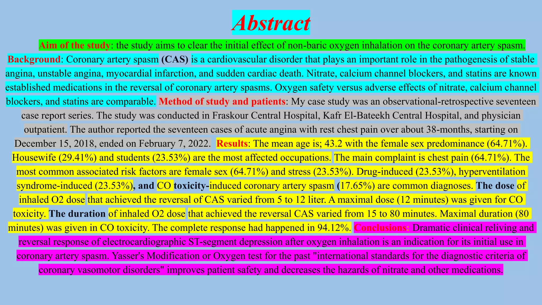Oxygen Reversal of Coronary Artery Spasm with Modification of ...