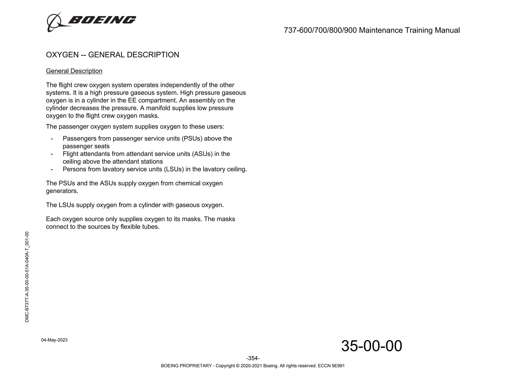 Oxygen system with Notes 737-600/700/800/900 Maintenance Training ...
