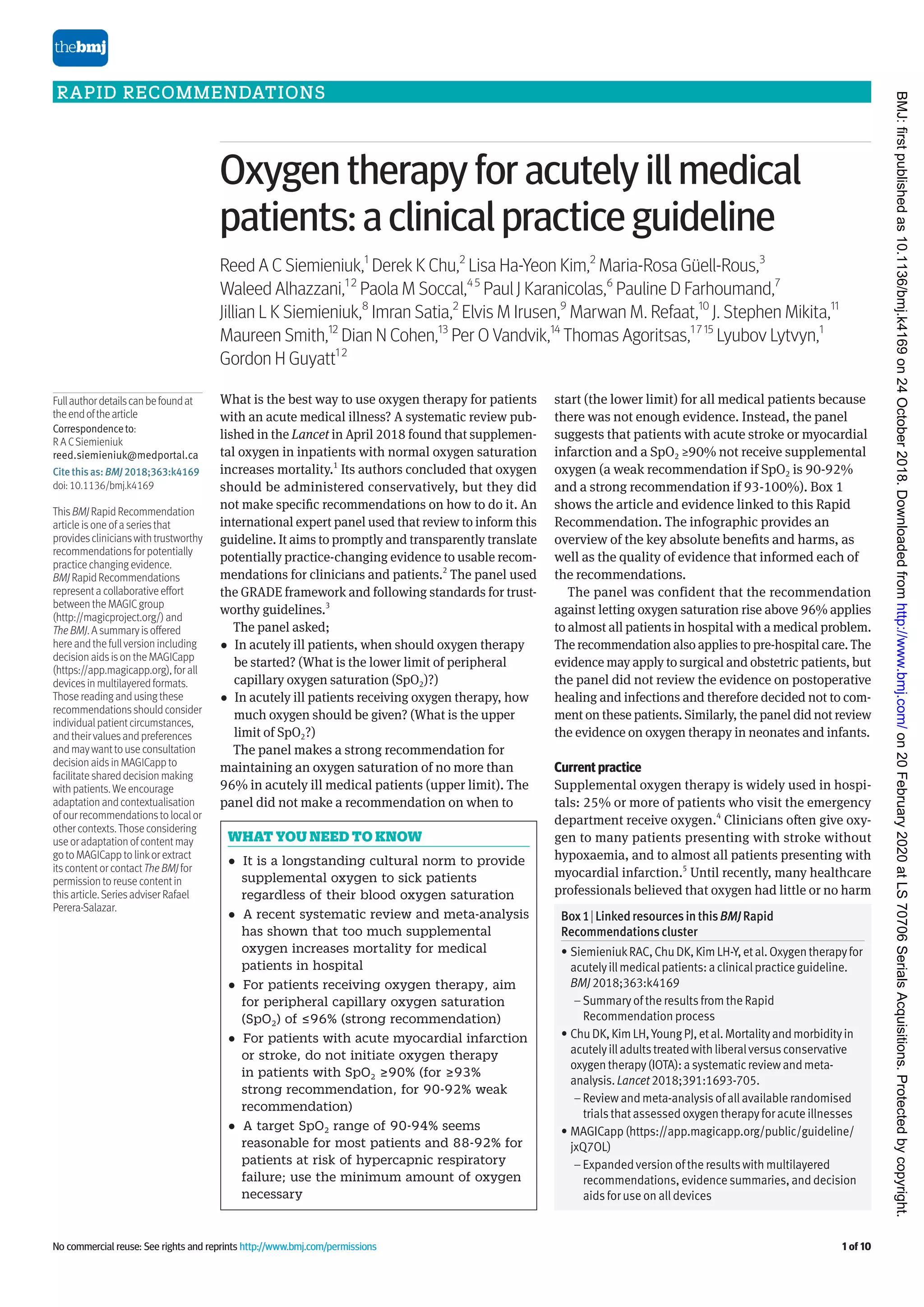 Oxygen therapy for acutely ill medical patients a clinical practice ...