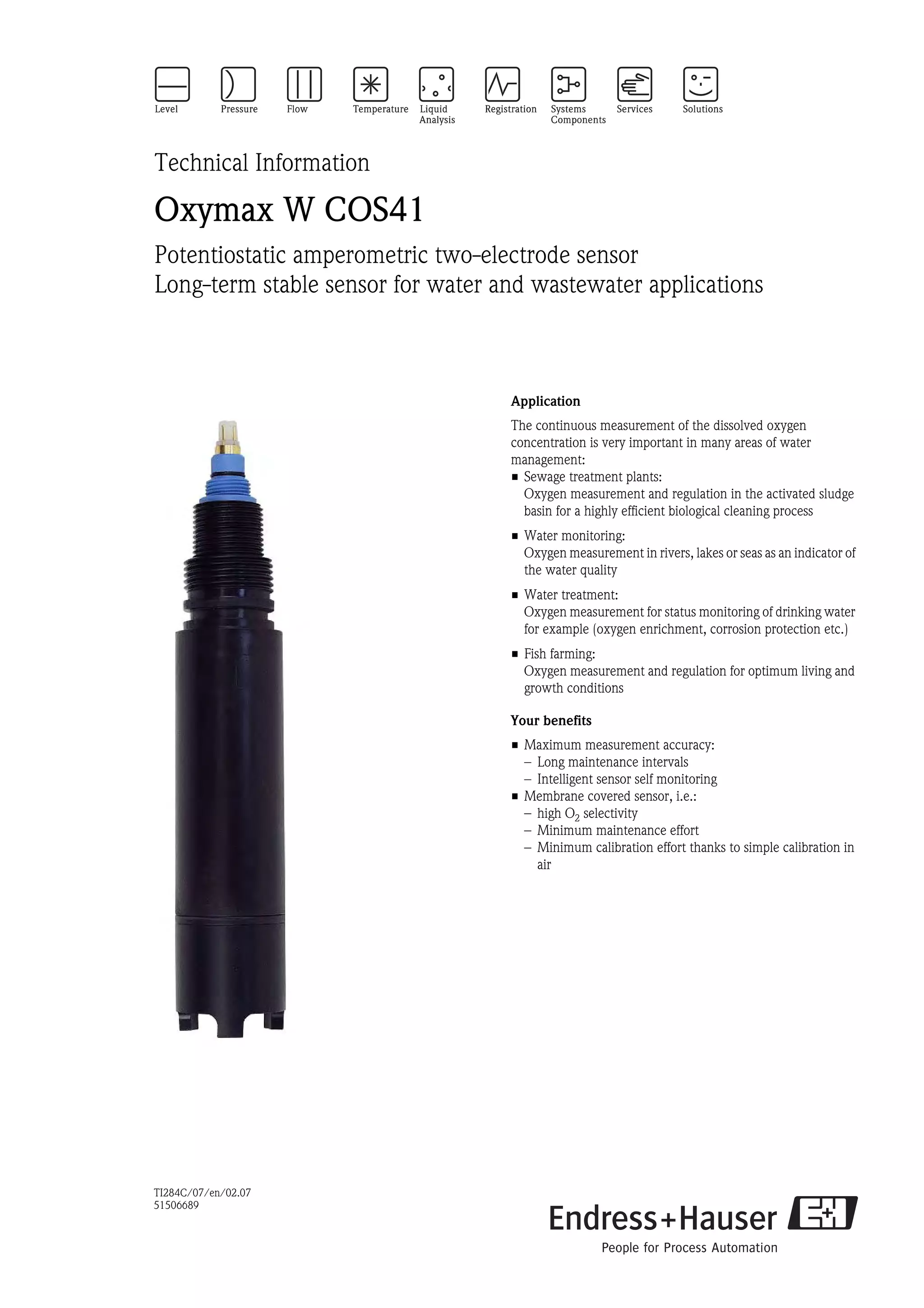 Oxymax cos41 endress+hauser datasheet-measurement of the dissolved ...