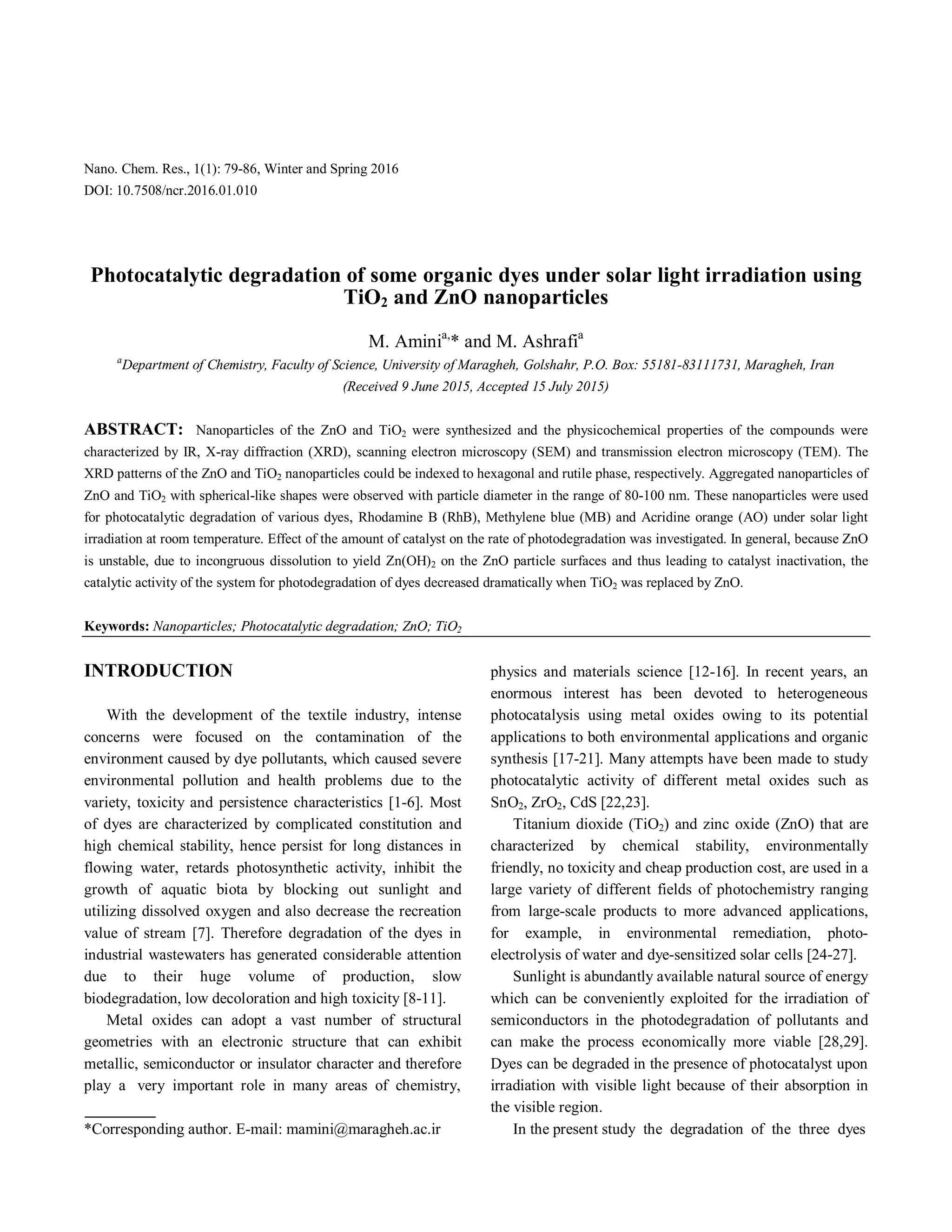 Photocatalytic degradation of some organic dyes under solar light ...