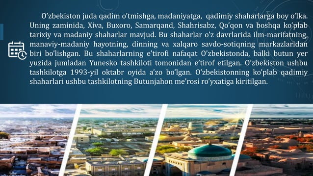 O’zbekistonda Tarixiy shaharlar yubileylarining xalqaro miqyosda keng ...