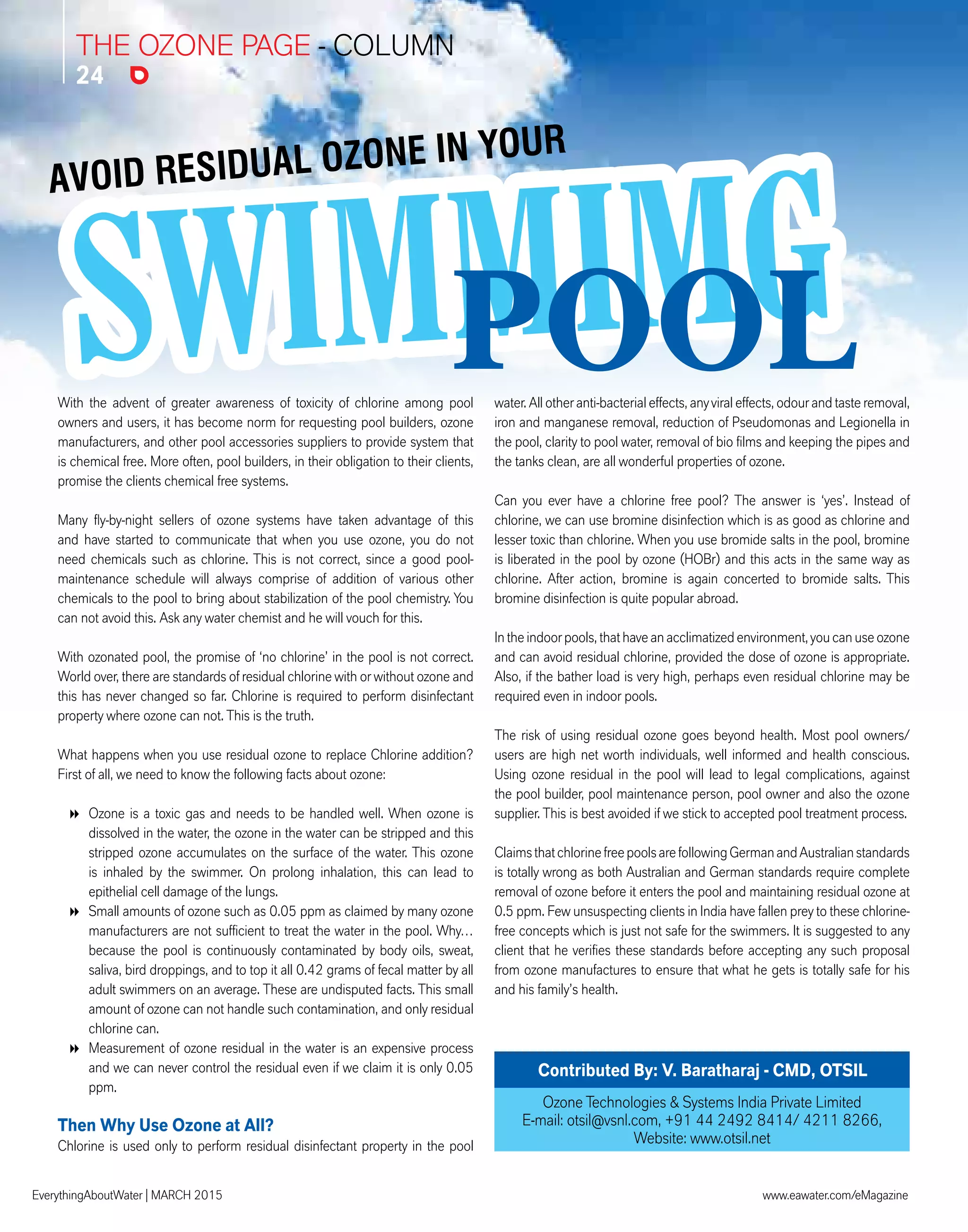 Avoid Residual Ozone In Your Swimming Pool | PDF