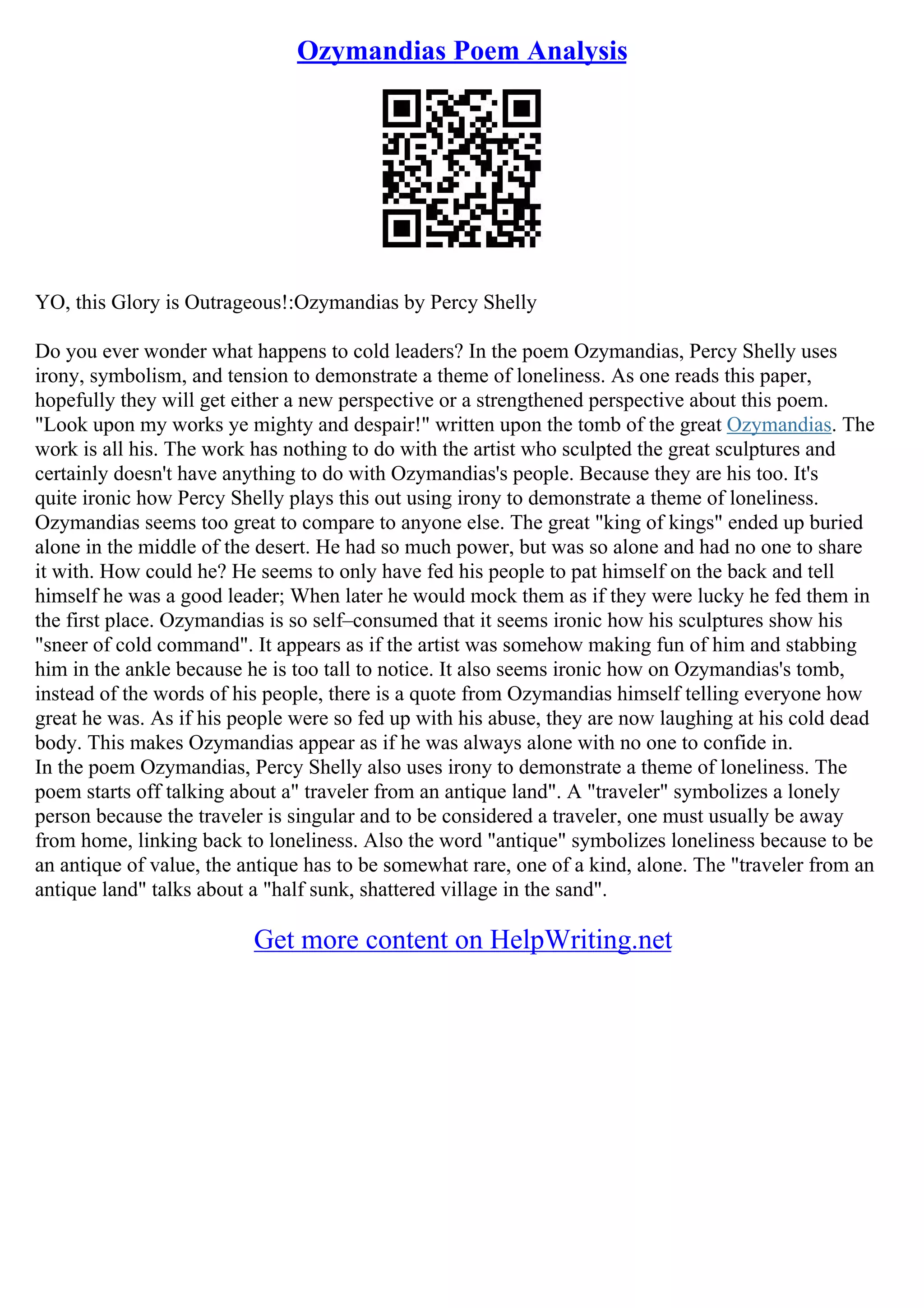 Ozymandias Analysis Essay | PDF