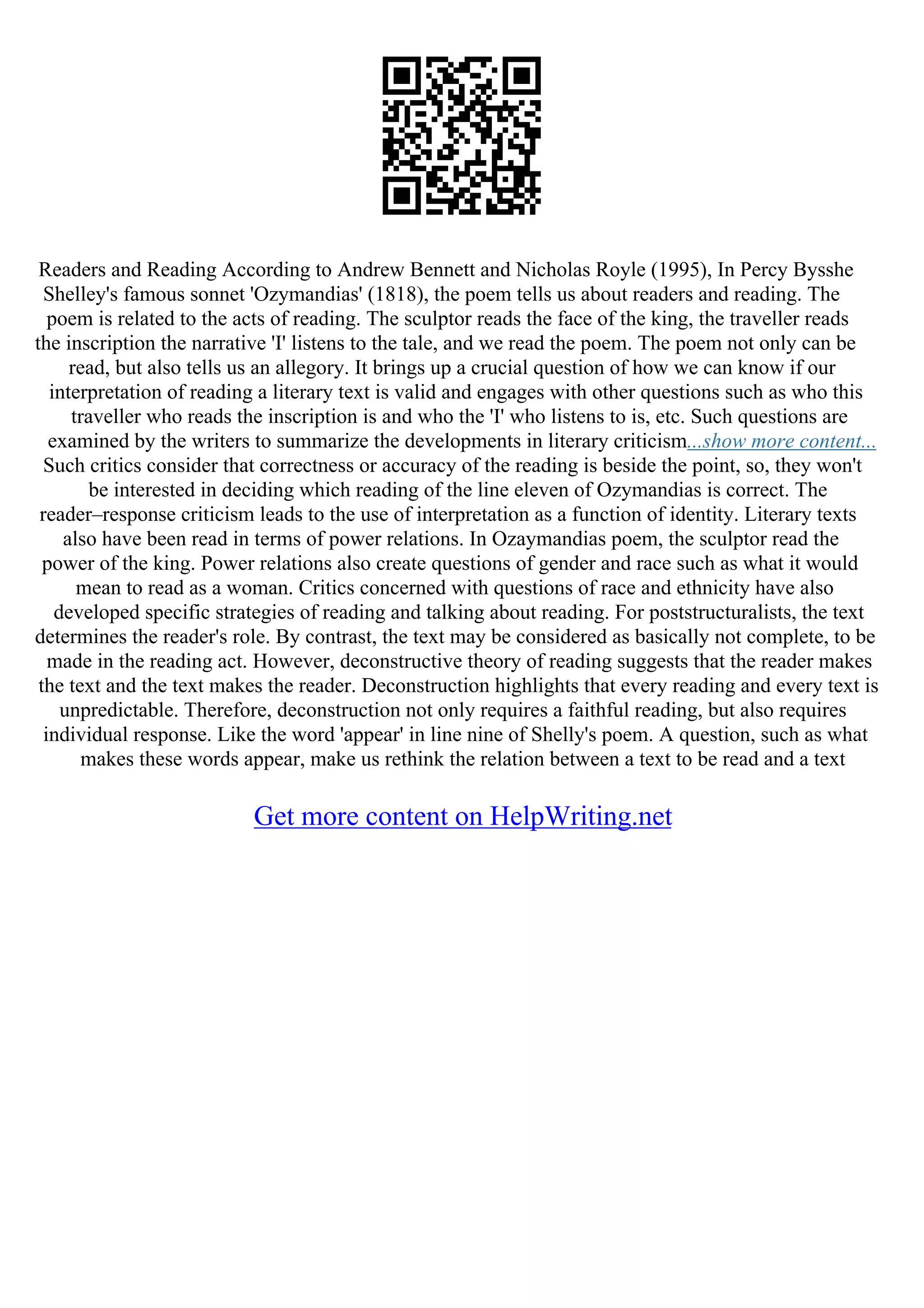 Ozymandias Analysis Essay | PDF