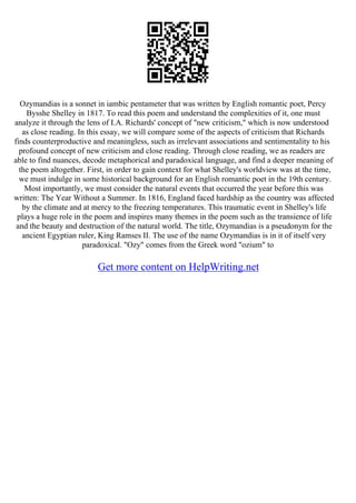 Ozymandias Analysis Essay | PDF