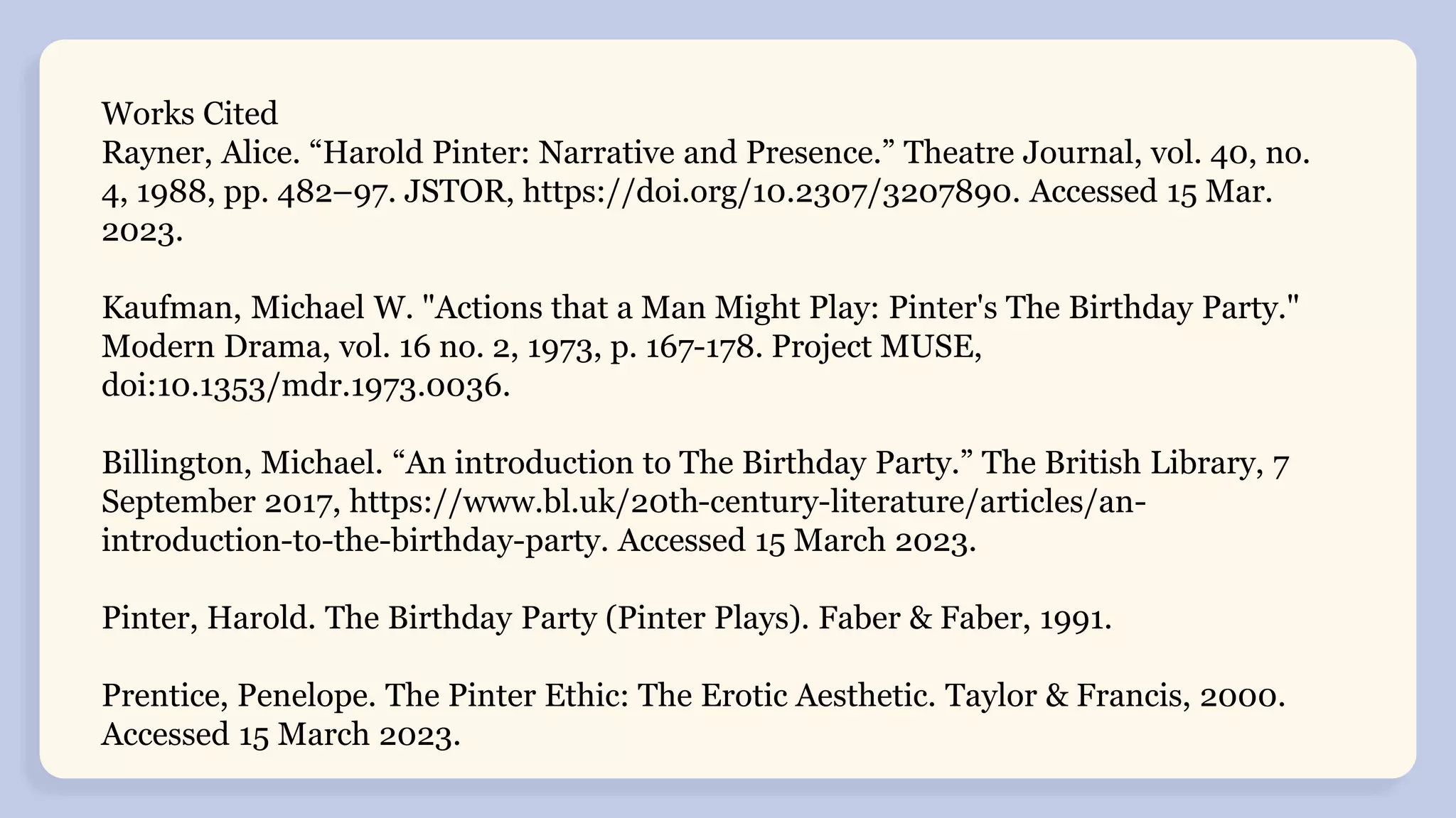 "Various Interpretations of the Play 'The Birthday Party' ". P-110A ...