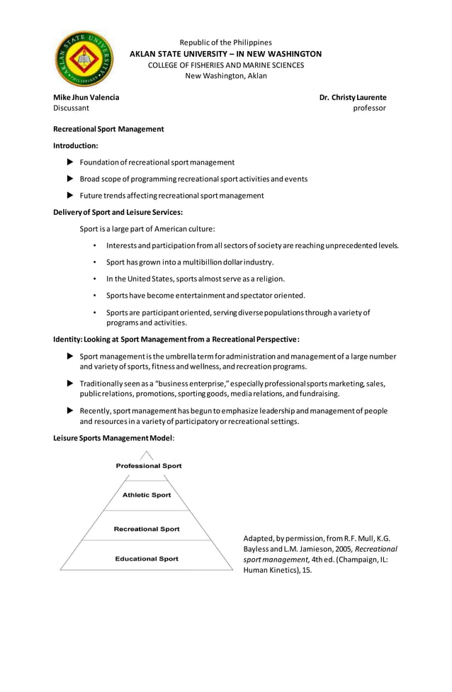P.e 505. management | DOCX | College Sports | Sports