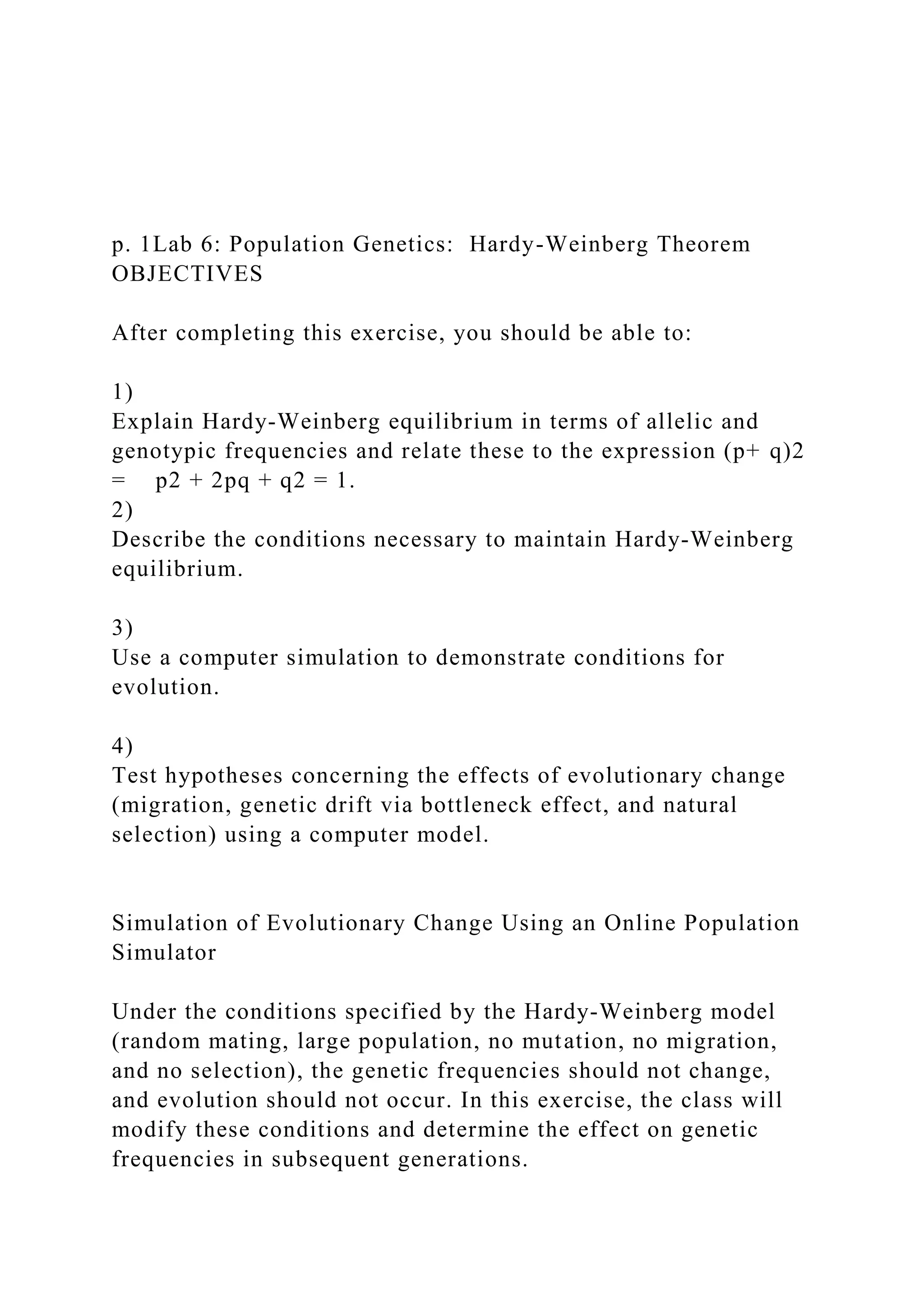 p. 1Lab 6 Population Genetics Hardy-Weinberg TheoremOBJEC.docx