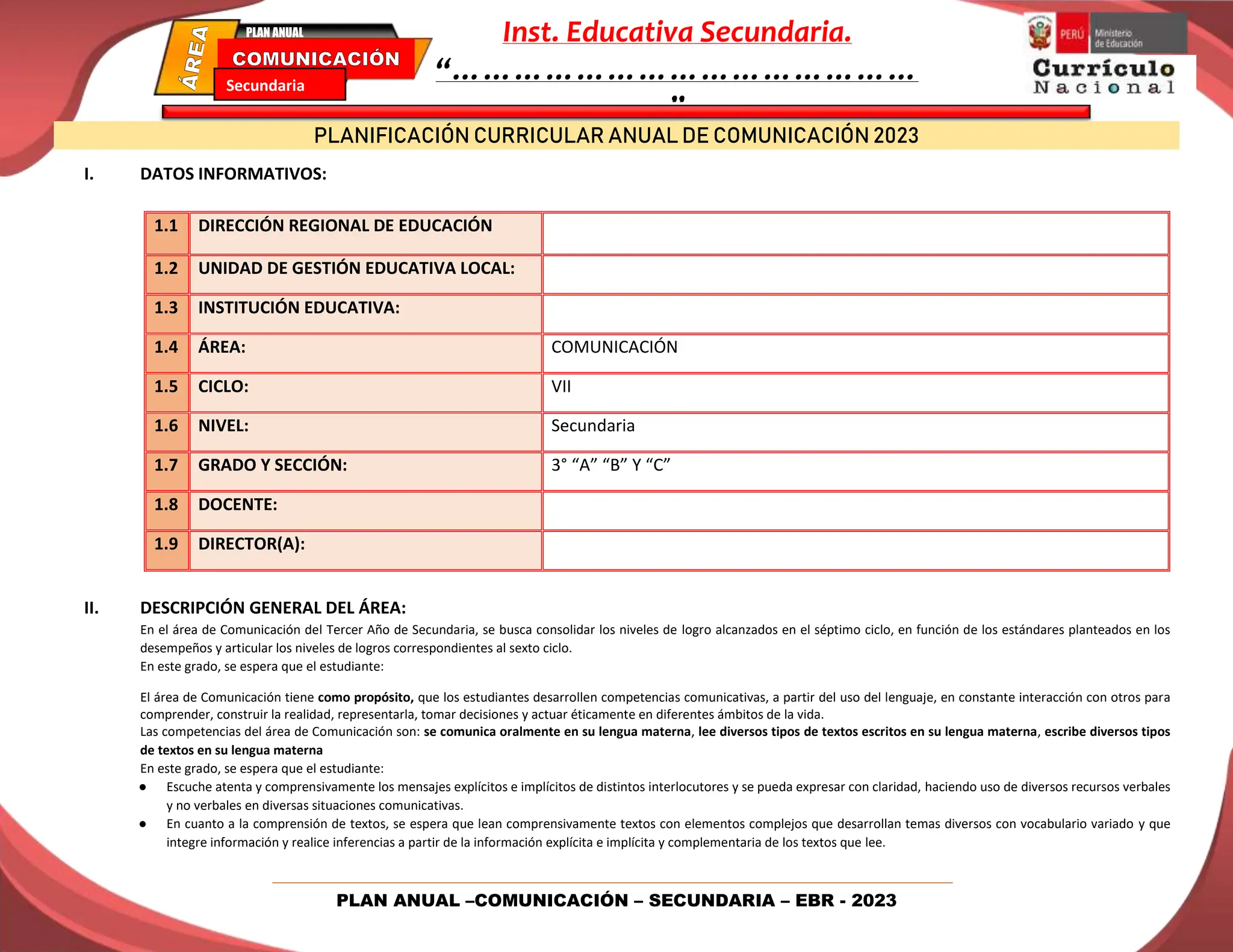 PLAN ANUAL DEL ÁREA DE COMUNICACIÓN 3ROS | DOCX