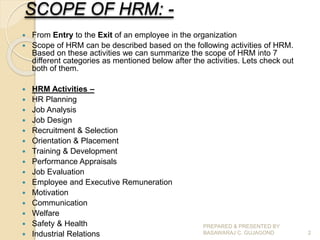 SCOPE -FUNCTIONS-OBJECTIVES OF HRM by BASAWARAJ GUJAGOND | PPT