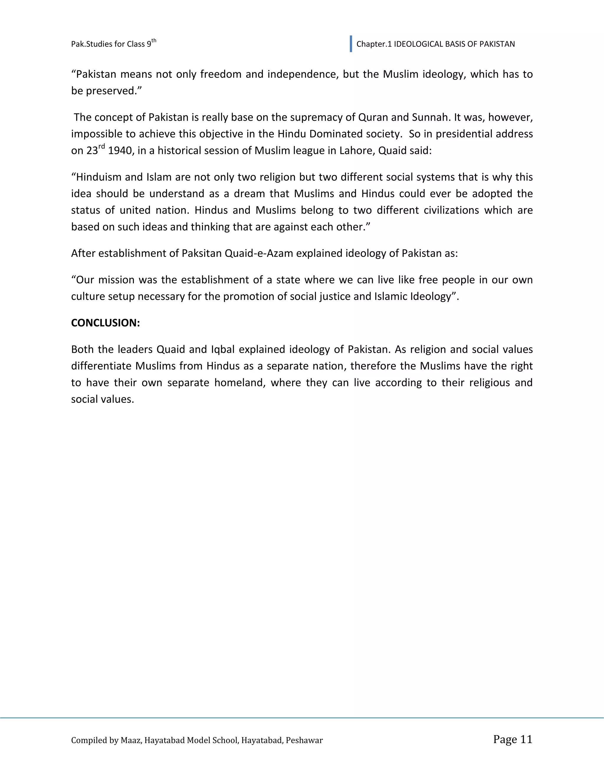 Pakistan studies for class 9th Notes | DOCX