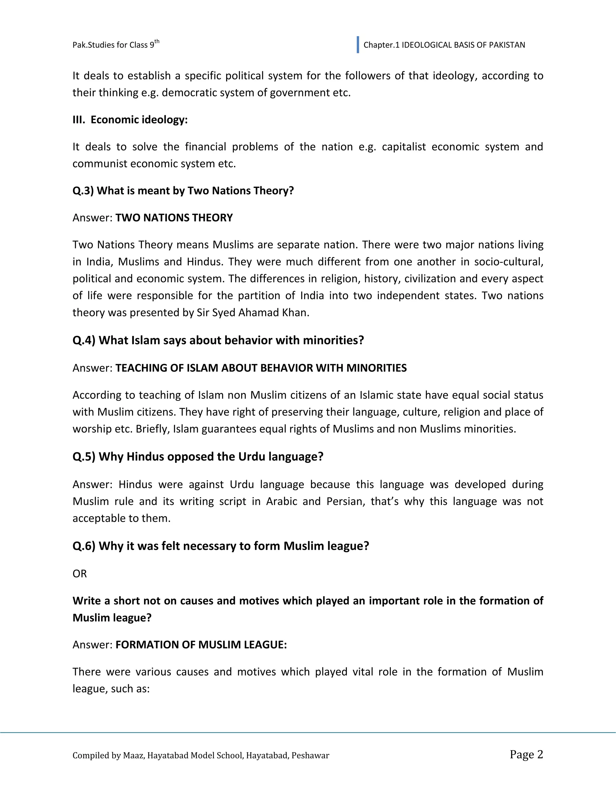 Pakistan studies for class 9th Notes | DOCX