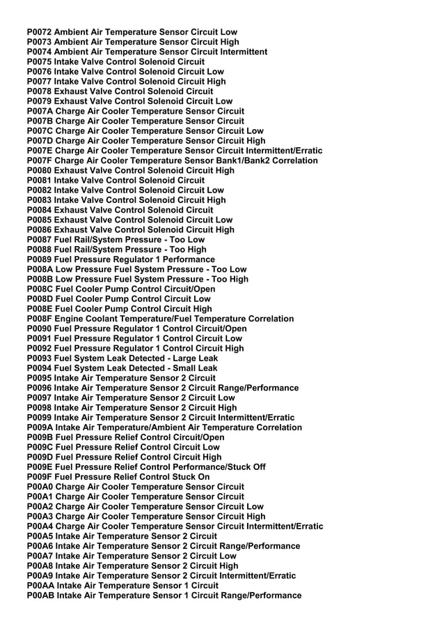 OBD2 Powertrain Code List (P0001- P0099) | PDF