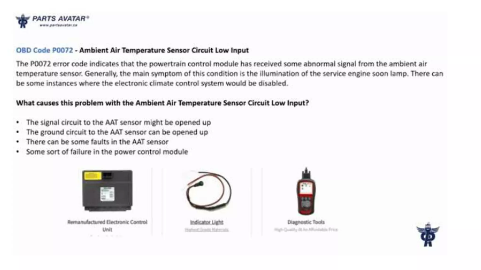 Partsavatar helps you to Identifies the OBD Code P0072 - Ambient Air Temperature Sensor | PPT
