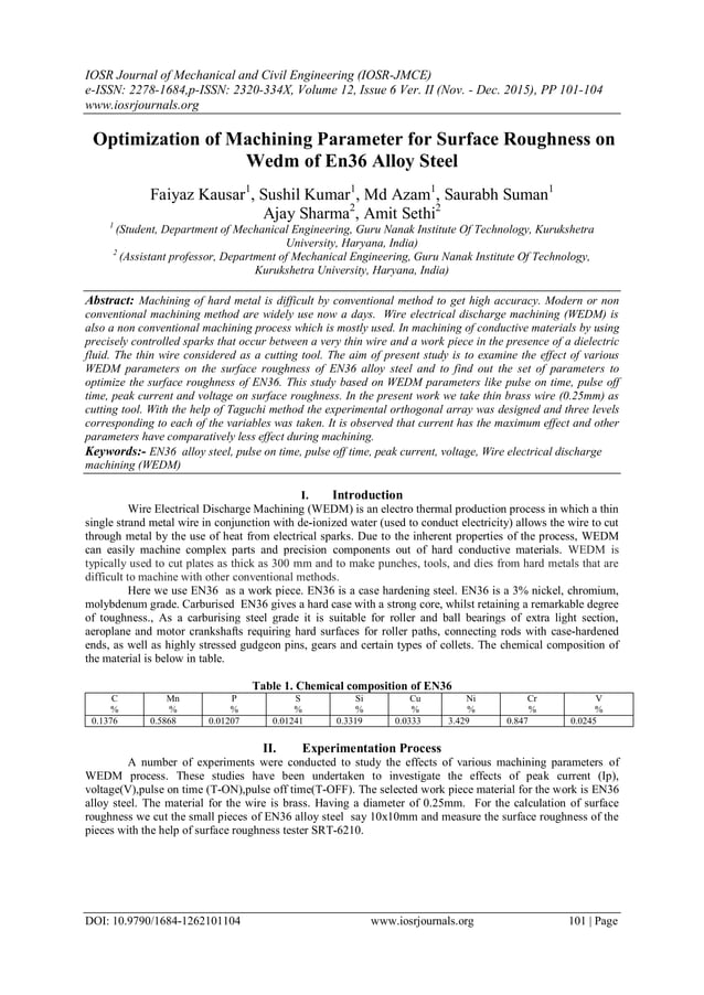 Optimization of Machining Parameter for Surface Roughness on Wedm of En36 Alloy Steel | PDF