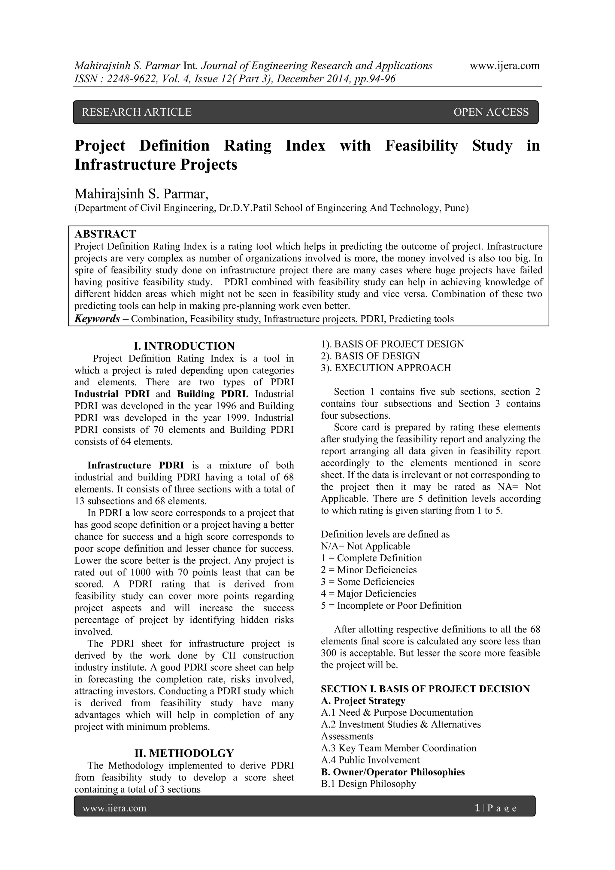 Project Definition Rating Index with Feasibility Study in ...