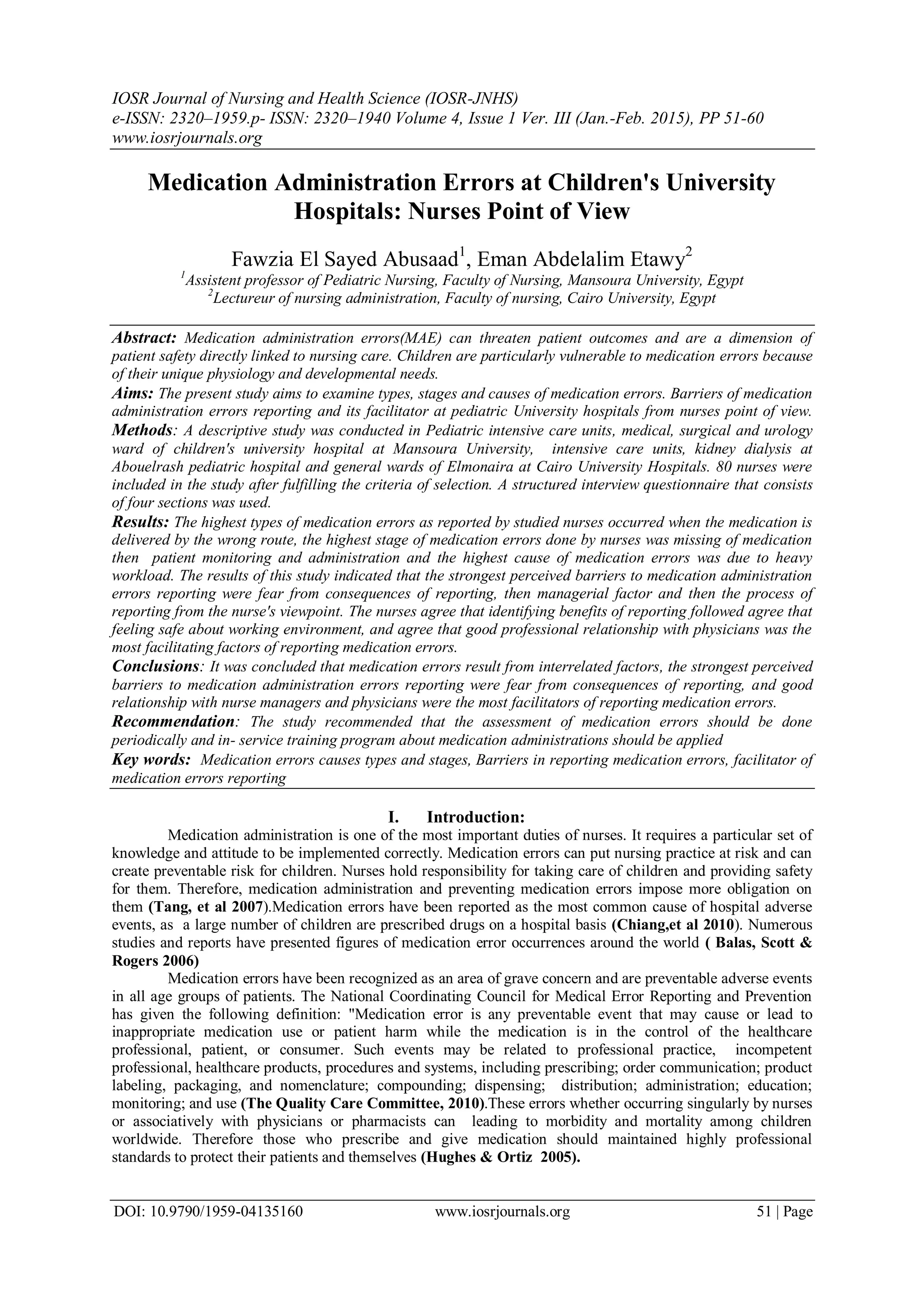 Medication Administration Errors at Children's University Hospitals ...