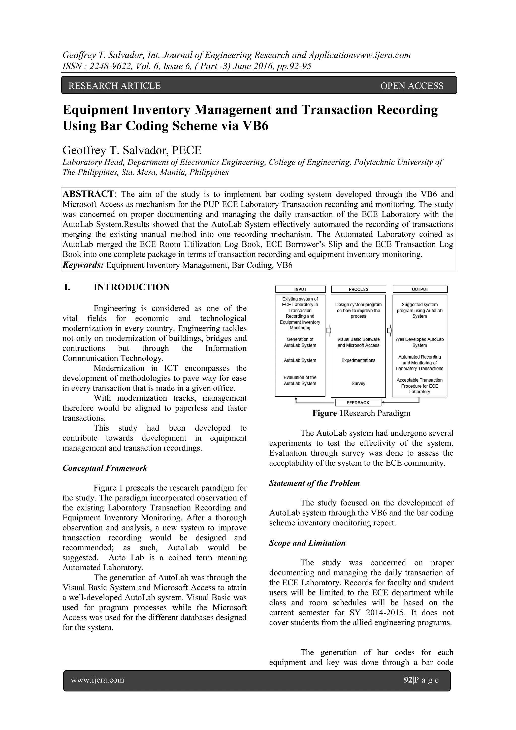 Equipment Inventory Management and Transaction Recording Using Bar ...