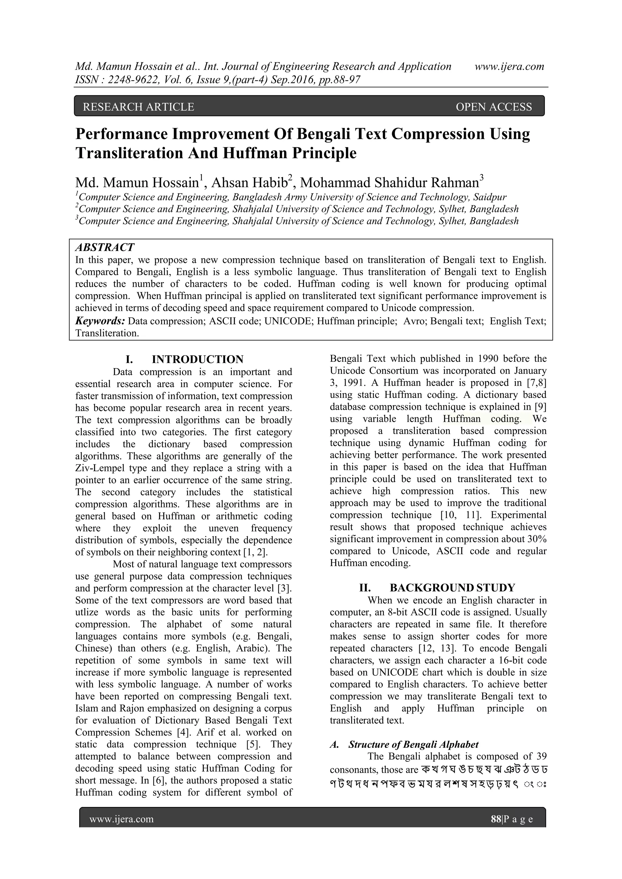 Performance Improvement Of Bengali Text Compression Using Transliteration And Huffman Principle ...