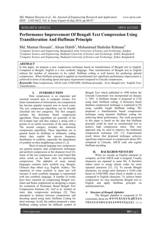 Performance Improvement Of Bengali Text Compression Using Transliteration And Huffman Principle ...